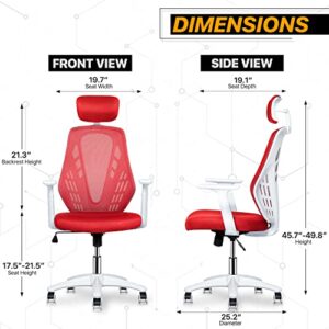 MoNiBloom Home Office Mesh Seat Chair with Headrest and Wheels, Rolling Swivel Computer Chair with T Shape Armrest for Adults, Red