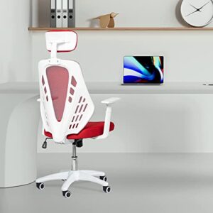 MoNiBloom Home Office Mesh Seat Chair with Headrest and Wheels, Rolling Swivel Computer Chair with T Shape Armrest for Adults, Red