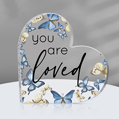 Yulejo Acrylic Heart Shaped Sign Decor with Butterflies Appreciation Heart Tables Centerpiece Inspirational Desk Keepsake Gift for Colleague Friends Coworker Teacher Christmas(You Are Loved)