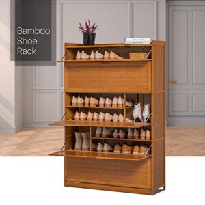 MoNiBloom Bamboo 9-Tier Shoe Organizer Contemporary Cabinet with Door 41-Pair Heels Boots Compartment, Hallway Entryway, Brown