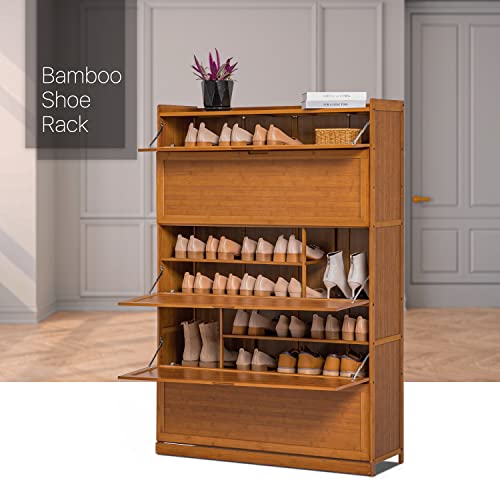 MoNiBloom Bamboo 9-Tier Shoe Organizer Contemporary Cabinet with Door 41-Pair Heels Boots Compartment, Hallway Entryway, Brown