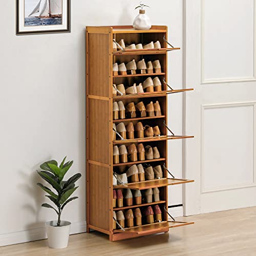 MoNiBloom Bamboo 9-Tier Shoe Organizer Storage Cabinet with Pull-Down Door 27-Pair Heels Boots Freestanding, Entryway, Brown