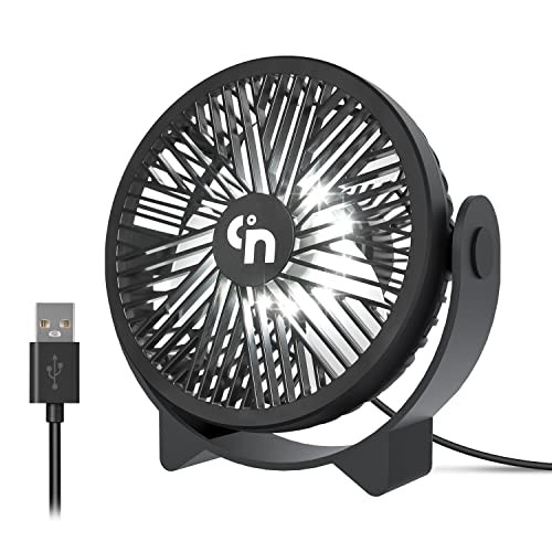 WayToLight Desk Fan Small Table Fan with LED Light USB Powered Portable Fan 3 Speeds Adjustable Head 360°Rotatable Mini Personal Fan for Home Office Bedroom Table and Desktop