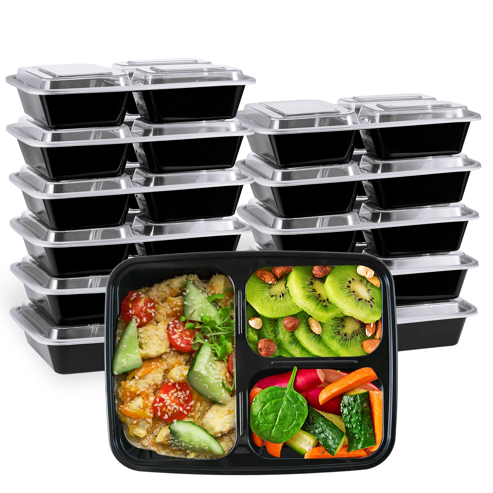 MUCHII 32 oz 3 Compartment Meal Prep Containers With Lids, [20 Pack] To Go Containers With Lids,Plastic Disposable Food Containers Microwave Safe and Freezer Safe.