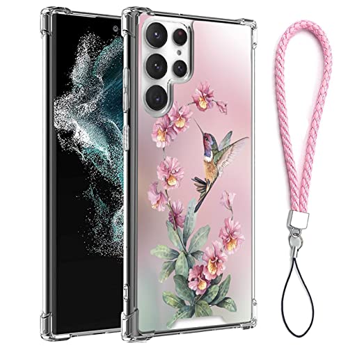 Elgzigok EChaopeng Clear Case for Samsung Galaxy S22 Ultra Hummingbird Flower Phone Cover with Wrist Strap Lanyard, Protective Silicone Case for Galaxy S22 Ultra Shock-Proof Four Corners Reinforced