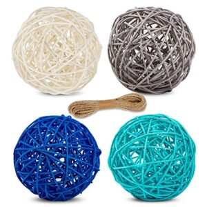 DomeStar Extra Large Rattan Balls, 4 Inches Wicker Balls Decorative Balls Natural Decorative Wicker Rattan Balls Orbs Vase Fillers Blue, White, Grey and Cerulean