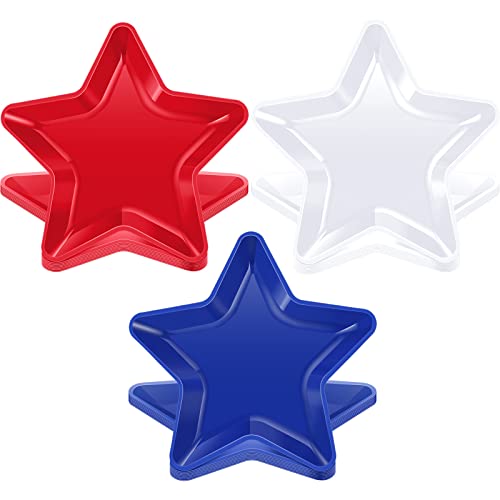 24 Pcs Patriotic Star Shaped Plates 4th of July Dessert Plate Red White Blue Reusable Plastic Snack Tray Platter for Cookies Chips Independence Day Memorial Day Veterans Day Party Supplies, 11 Inch