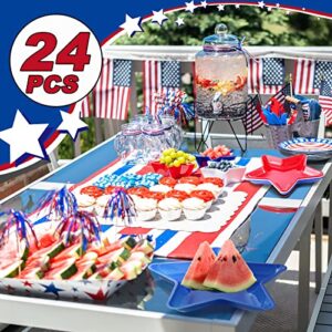 24 Pcs Patriotic Star Shaped Plates 4th of July Dessert Plate Red White Blue Reusable Plastic Snack Tray Platter for Cookies Chips Independence Day Memorial Day Veterans Day Party Supplies, 11 Inch