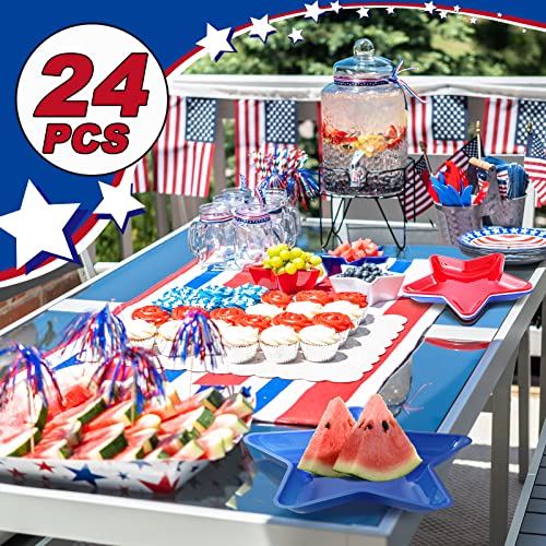 24 Pcs Patriotic Star Shaped Plates 4th of July Dessert Plate Red White Blue Reusable Plastic Snack Tray Platter for Cookies Chips Independence Day Memorial Day Veterans Day Party Supplies, 11 Inch