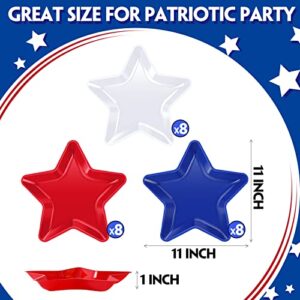 24 Pcs Patriotic Star Shaped Plates 4th of July Dessert Plate Red White Blue Reusable Plastic Snack Tray Platter for Cookies Chips Independence Day Memorial Day Veterans Day Party Supplies, 11 Inch