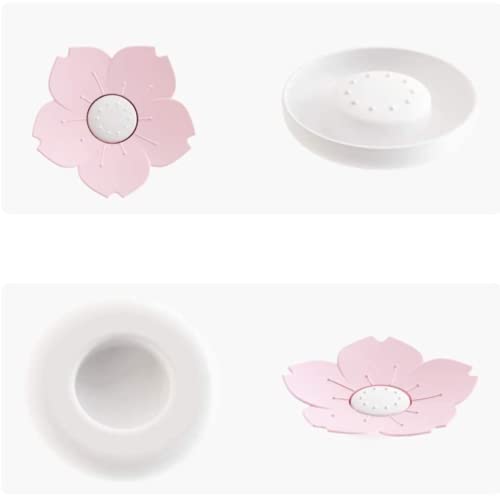 Adorable Pink Peri - 2-Pack Pink Soap Dish for bar soap Lovers | Self draining Hole Holder | Pink Floral Decor Bathroom Accessories | Zero Waste Gift (Reusable Plastic - Cherry Blossom Shape)