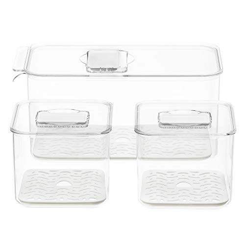 iPEGTOP Produce Saver Containers for Refrigerator, Food Fruit Vegetables storage, 3 Piece Stackable Fridge Freezer Organizer, Fresh Keeper Drawer Bin with Vented Lids & Removable Drain Tray