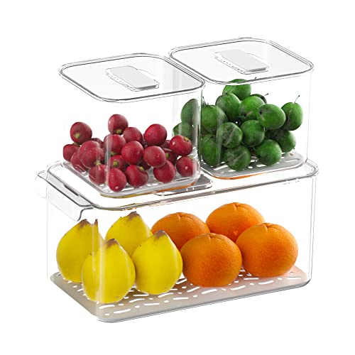 iPEGTOP Produce Saver Containers for Refrigerator, Food Fruit Vegetables storage, 3 Piece Stackable Fridge Freezer Organizer, Fresh Keeper Drawer Bin with Vented Lids & Removable Drain Tray