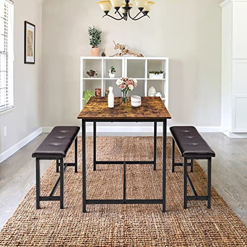 IDEALHOUSE Dining Table Set for 4 with Upholstered Benches, Space-Saving 3 Piece Kitchen Bench Dining Table Set, Rectangular Dining Table for Home, Kitchen, Dining Room, Rustic Brown