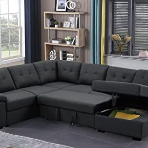 Sectional Sleeper Sofa Bed L Shaped Pull-Out Couch Bed with Storage Lounge Chair Home Office Sleeper Sofa Couch 6 Seater Sectional Couches Set, Dark Grey