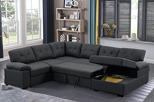 Sectional Sleeper Sofa Bed L Shaped Pull-Out Couch Bed with Storage Lounge Chair Home Office Sleeper Sofa Couch 6 Seater Sectional Couches Set, Dark Grey