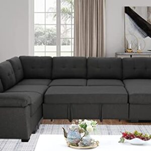 Sectional Sleeper Sofa Bed L Shaped Pull-Out Couch Bed with Storage Lounge Chair Home Office Sleeper Sofa Couch 6 Seater Sectional Couches Set, Dark Grey