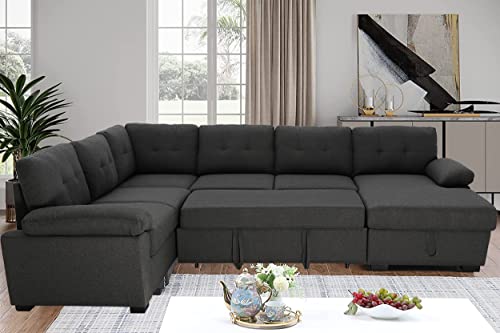 Sectional Sleeper Sofa Bed L Shaped Pull-Out Couch Bed with Storage Lounge Chair Home Office Sleeper Sofa Couch 6 Seater Sectional Couches Set, Dark Grey