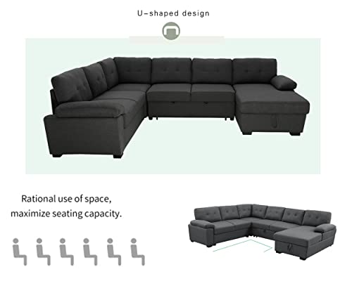 Sectional Sleeper Sofa Bed L Shaped Pull-Out Couch Bed with Storage Lounge Chair Home Office Sleeper Sofa Couch 6 Seater Sectional Couches Set, Dark Grey