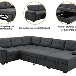 Sectional Sleeper Sofa Bed L Shaped Pull-Out Couch Bed with Storage Lounge Chair Home Office Sleeper Sofa Couch 6 Seater Sectional Couches Set, Dark Grey