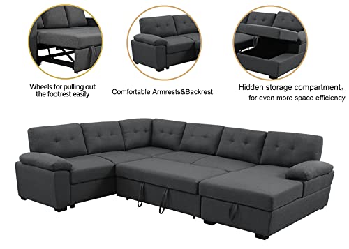 Sectional Sleeper Sofa Bed L Shaped Pull-Out Couch Bed with Storage Lounge Chair Home Office Sleeper Sofa Couch 6 Seater Sectional Couches Set, Dark Grey