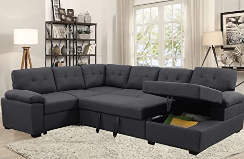 Sectional Sleeper Sofa Bed L Shaped Pull-Out Couch Bed with Storage Lounge Chair Home Office Sleeper Sofa Couch 6 Seater Sectional Couches Set, Dark Grey