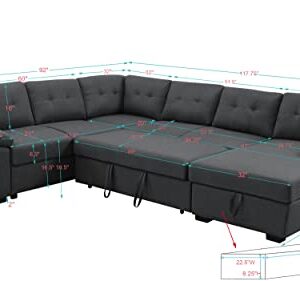 Sectional Sleeper Sofa Bed L Shaped Pull-Out Couch Bed with Storage Lounge Chair Home Office Sleeper Sofa Couch 6 Seater Sectional Couches Set, Dark Grey