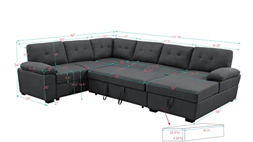 Sectional Sleeper Sofa Bed L Shaped Pull-Out Couch Bed with Storage Lounge Chair Home Office Sleeper Sofa Couch 6 Seater Sectional Couches Set, Dark Grey