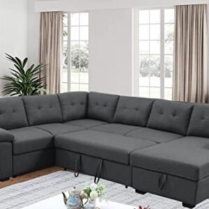 Sectional Sleeper Sofa Bed L Shaped Pull-Out Couch Bed with Storage Lounge Chair Home Office Sleeper Sofa Couch 6 Seater Sectional Couches Set, Dark Grey