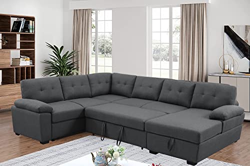 Sectional Sleeper Sofa Bed L Shaped Pull-Out Couch Bed with Storage Lounge Chair Home Office Sleeper Sofa Couch 6 Seater Sectional Couches Set, Dark Grey