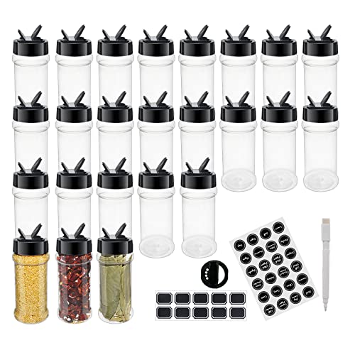 suituts 3.3 oz 24 Pack Clear Plastic Spice Jars with Black Shaker Lids, 100ml Round Spice Bottle, Plastic Seasoning Jars with Labels and Pen