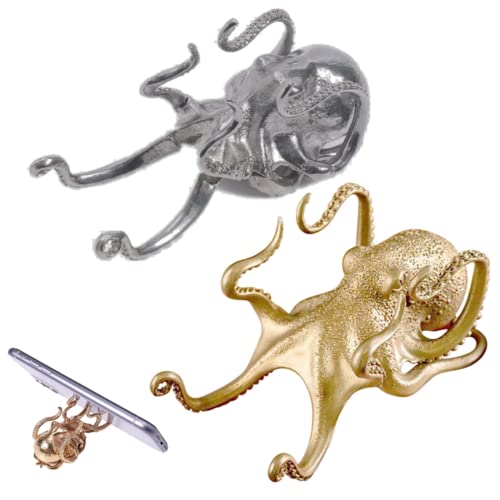 ZWIFEJIANQ Cell Phone Stand, 2 Pack Octopus Phone Stand Modern Brass Octopus Cell Phone & Signature Pen Holder, Universal Cellphone Stand Metal Octopus Shaped Tabletop Decorative Phone Bracket