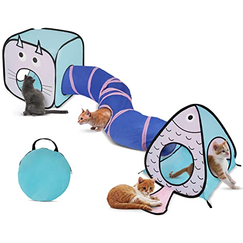 Rypet Cat Toy Tunnel and Cubes Bundle - Interactive Crinkle Collapsible Cat Tube and Foldable Cubes Playground for Kitty, Rabbit, Puppy, Ferret Hiding Hunting and Resting