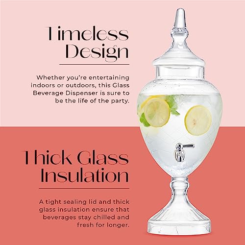 Fifth Avenue Crystal Beverage Dispenser for Countertop - 1 Gallon Large Glass Drink Dispenser w/Spigot & Lid - Party Drink Dispenser for Sweet Tea Lemonade Punch Water, Juice Dispensers for Parties