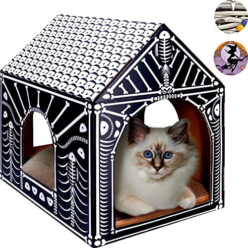 LiBa Cardboard Cat House with Scratch Pad and Catnip, Cat Bed for Indoor Cats, Cat Scratcher, Halloween Decorations Halloween Cat Toys Gifts for Cats Fish Bone