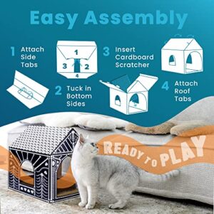 LiBa Cardboard Cat House with Scratch Pad and Catnip, Cat Bed for Indoor Cats, Cat Scratcher, Halloween Decorations Halloween Cat Toys Gifts for Cats Fish Bone