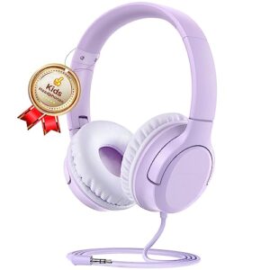 dybaxa kids headphones wired, foldable on ear headset, volume limiter 94db, over-ear headphones for kids school online classes travel children, 3.5mm jack compatible smartphones tablet, purple