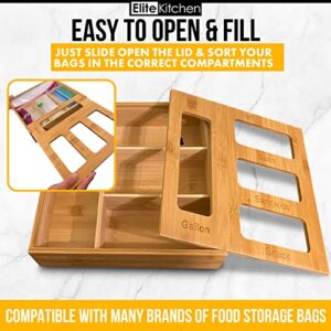 Elite Kitchen Premium High Quality 100% Real Bamboo Sandwich Bag Storage Organizer, Compatible With Gallon , Quart , Snack , & Sandwich Food Storage Bags, Holds Over 230 Plastic Baggies (EK0002)