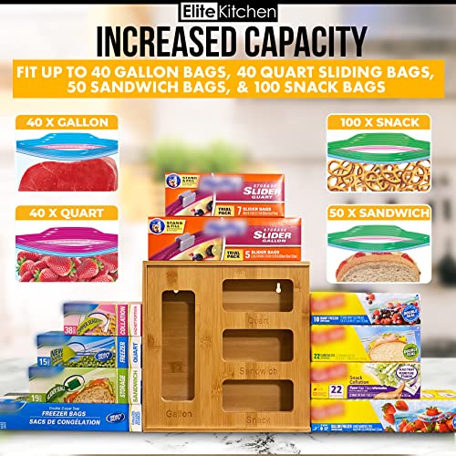 Elite Kitchen Premium High Quality 100% Real Bamboo Sandwich Bag Storage Organizer, Compatible With Gallon , Quart , Snack , & Sandwich Food Storage Bags, Holds Over 230 Plastic Baggies (EK0002)