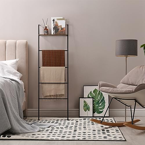 smusei Towel Blanket Ladder Wall Leaning Industrial 5 Tier Ladder Shelf for Towel with Wood Shelf Modern Metal Standing Bath Towel Storage Shelf for Bathroom, Living Room, Black