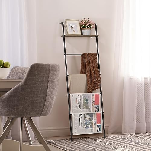 smusei Towel Blanket Ladder Wall Leaning Industrial 5 Tier Ladder Shelf for Towel with Wood Shelf Modern Metal Standing Bath Towel Storage Shelf for Bathroom, Living Room, Black