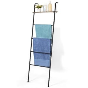 smusei Towel Blanket Ladder Wall Leaning Industrial 5 Tier Ladder Shelf for Towel with Wood Shelf Modern Metal Standing Bath Towel Storage Shelf for Bathroom, Living Room, Black