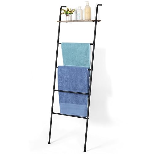 smusei Towel Blanket Ladder Wall Leaning Industrial 5 Tier Ladder Shelf for Towel with Wood Shelf Modern Metal Standing Bath Towel Storage Shelf for Bathroom, Living Room, Black