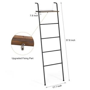 smusei Towel Blanket Ladder Wall Leaning Industrial 5 Tier Ladder Shelf for Towel with Wood Shelf Modern Metal Standing Bath Towel Storage Shelf for Bathroom, Living Room, Black