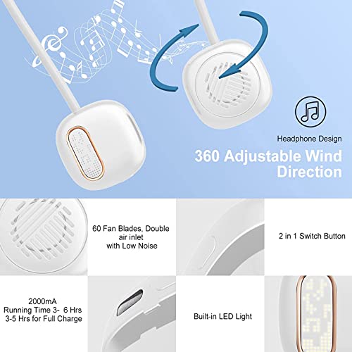 Apatner Portable Neck Fan, Wearable Personal Fans, Bladeless Neck Cooler Hands Free Mini USB Fan 3 Speeds Rechargeable Cooling Fan with LED Lights for Travel Desk Women(White)