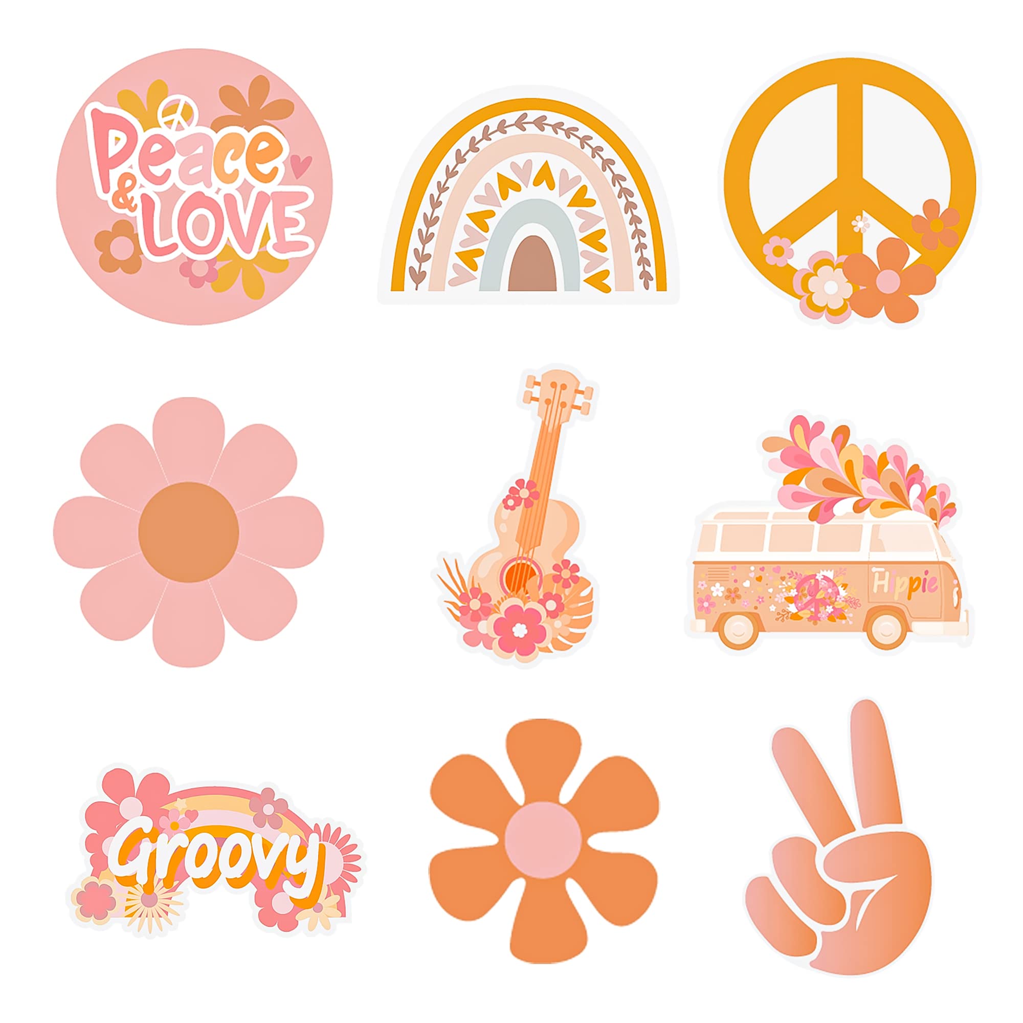 Kirako 45 Pcs Groovy Retro Hippie Cutouts Bulletin Board Decorations Set Pink 60’s Hippie Bus Peace Sign Daisy Flower Boho Rainbow Wall Decals for Classroom Nursery Baby Shower Girl’s Birthday Party