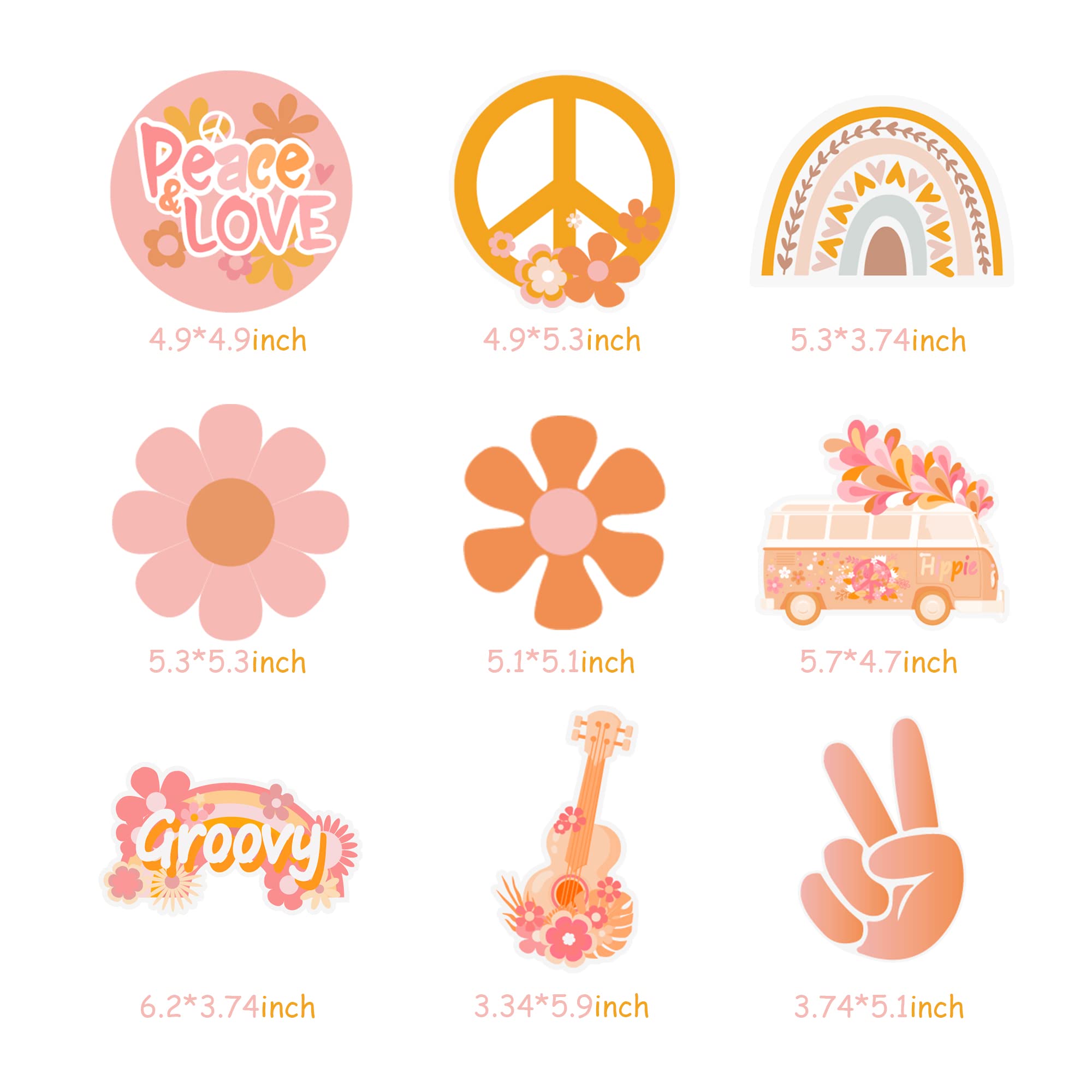 Kirako 45 Pcs Groovy Retro Hippie Cutouts Bulletin Board Decorations Set Pink 60’s Hippie Bus Peace Sign Daisy Flower Boho Rainbow Wall Decals for Classroom Nursery Baby Shower Girl’s Birthday Party