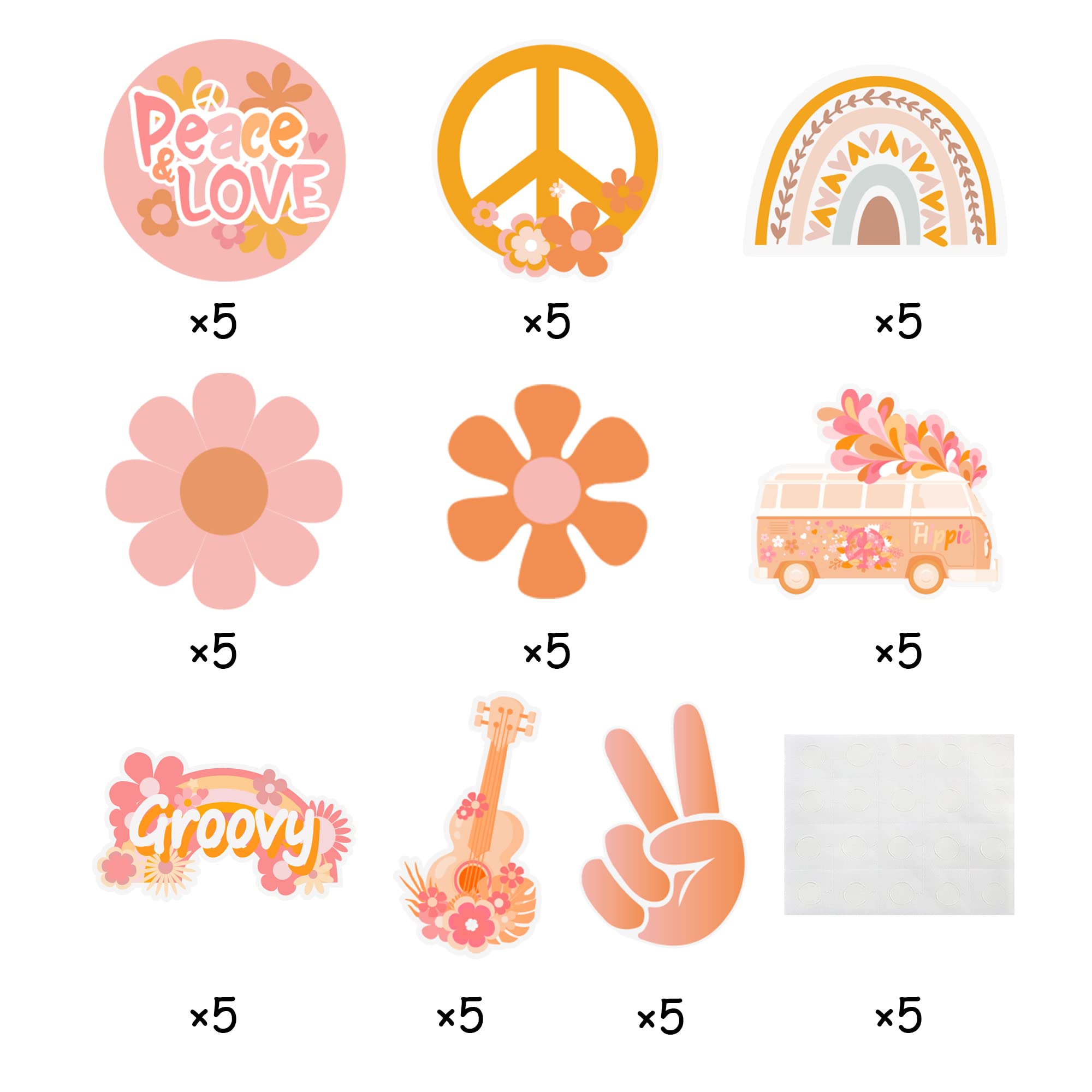 Kirako 45 Pcs Groovy Retro Hippie Cutouts Bulletin Board Decorations Set Pink 60’s Hippie Bus Peace Sign Daisy Flower Boho Rainbow Wall Decals for Classroom Nursery Baby Shower Girl’s Birthday Party