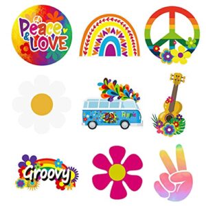 kirako 45 pcs groovy retro hippie cutouts bulletin board decorations set colorful 60’s hippie bus peace sign daisy flower boho rainbow wall decals for classroom nursery baby shower birthday party