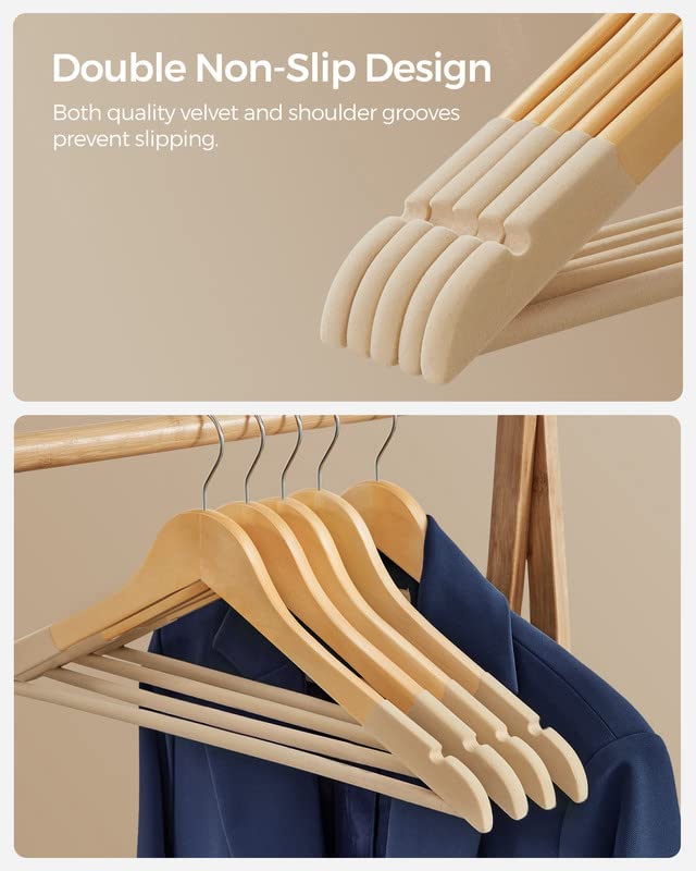 SONGMICS Velvet Wooden Hangers, Set of 20 Wooden Hangers with Velvet Surface, Non-Slip Coat Hangers with Shoulder Grooves, Pants Bar, 360° Swivel Hook, for Jackets Shirts, Natural UCRW012N02